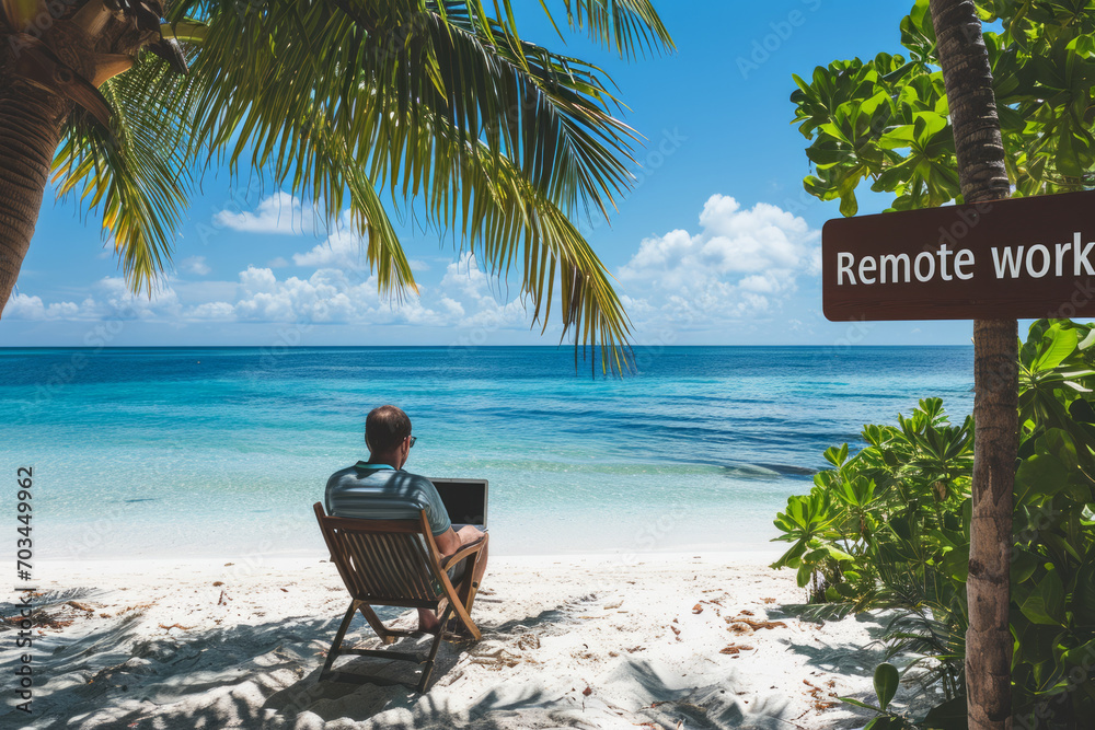 Remote work concept image with a man working from the beach on his ...
