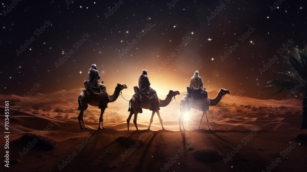 Three wise men on camels: nativity scene with star of bethlehem ...