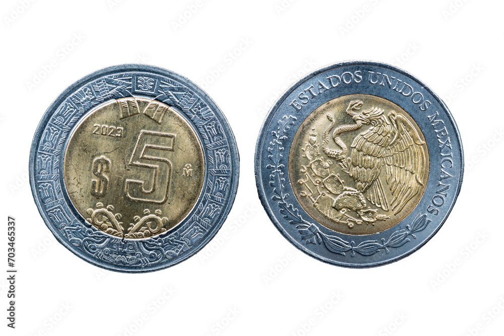 Moneda de 5 pesos Mexicana 2023 Anverso y Reverso con el escudo ...