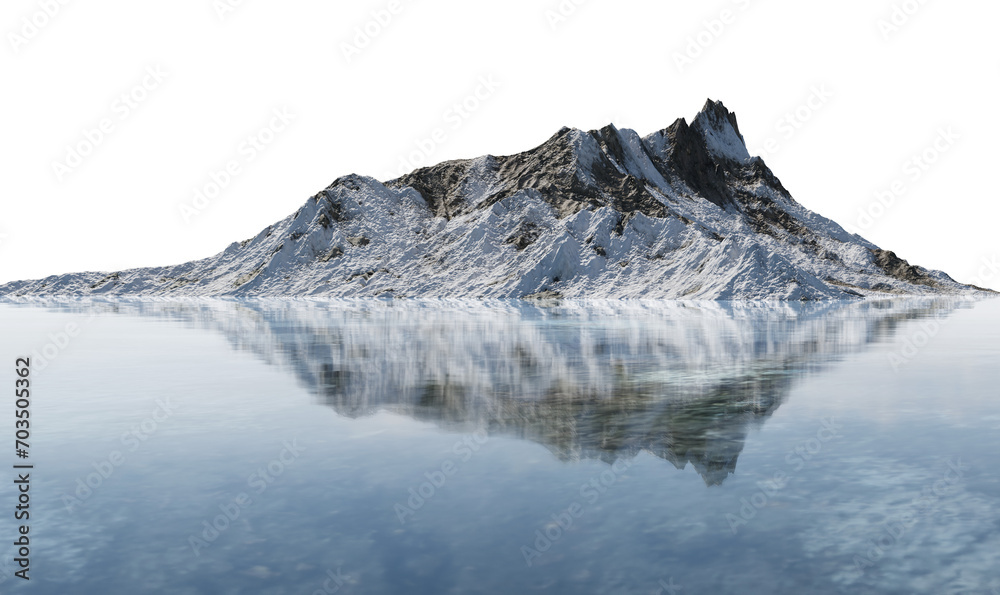 Ice snow mountain reflecting on water surface in winter with isolated ...