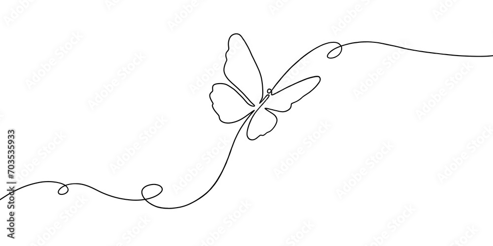 One continuous line drawing of flying butterfly with copy space. Simple ...