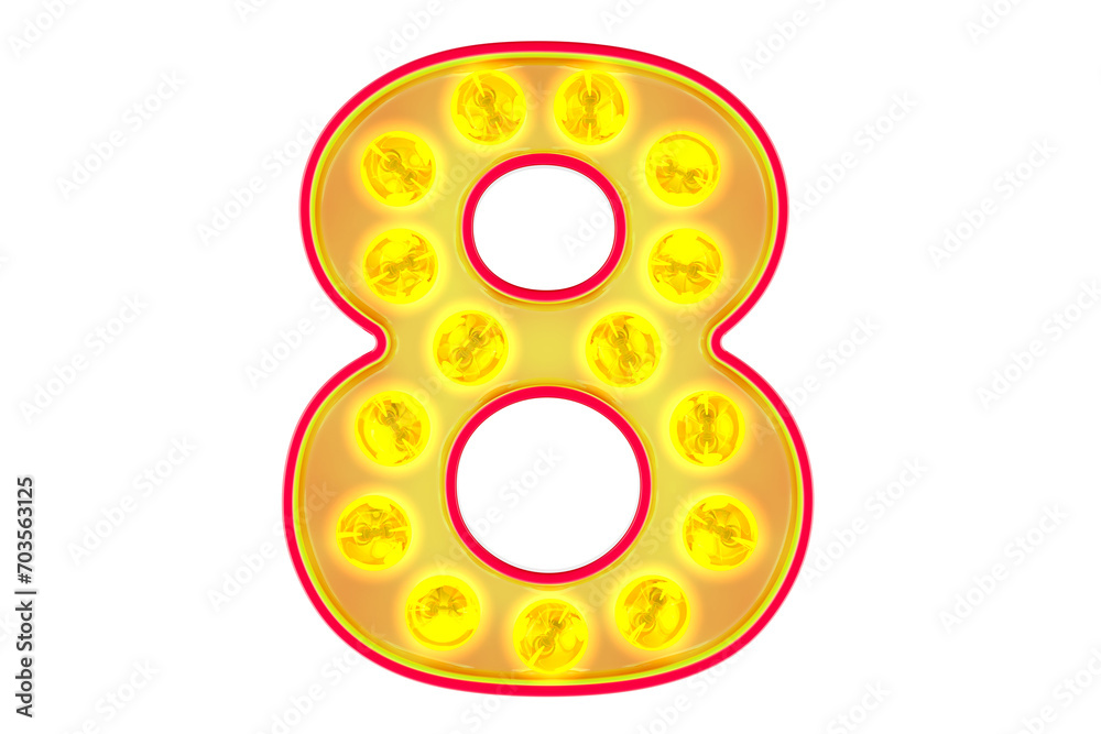 Light bulb number 8, glowing retro font. 3D rendering isolated on ...
