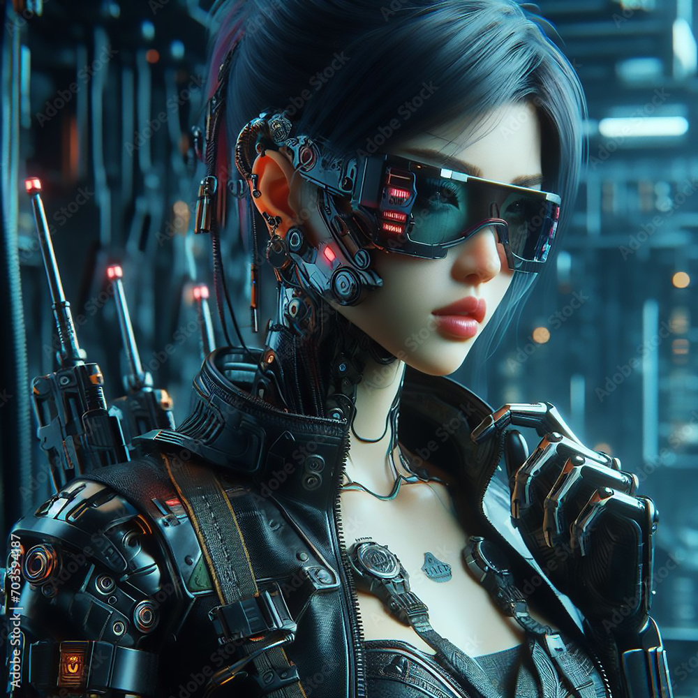 Stock-Foto „Female cyborg robot. Futuristic half-robot face. Concept for Artificial Intelligence ...