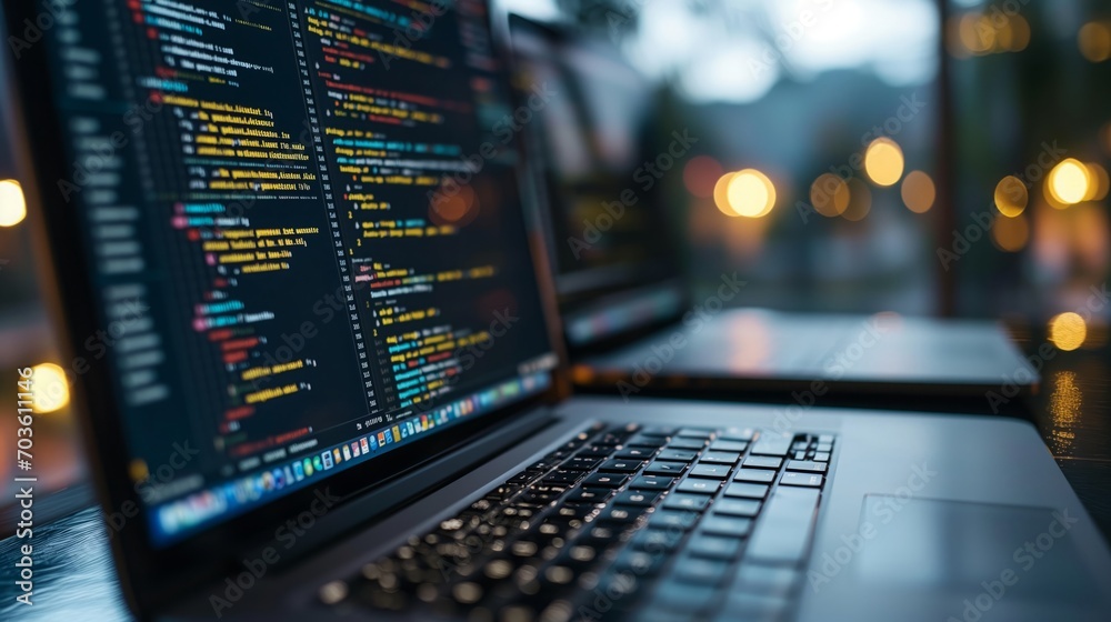 Side view of a laptop engaged in AI programming. Coding and developing artificial intelligence ...