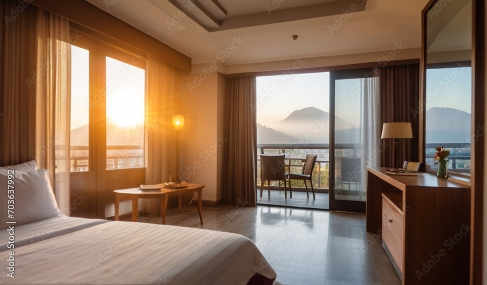 Opened door of hotel room in morning with background blurred happy ...