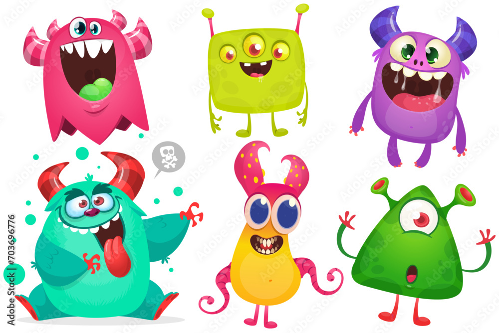 Funny cartoon monsters with different face expressions. Set of cartoon ...