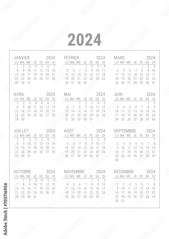 Calendrier 2024 à imprimer Annuel A4 Stock Vector | Adobe Stock