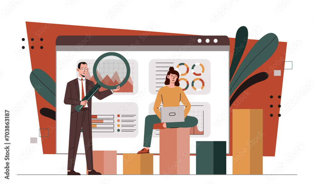 People analyzing graphs concept. Man and woman with charts and diagrams ...