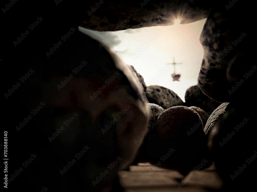 Lent, Holy Week, Easter Sunday, Good Friday Concept - view from inside Jesus Christ empty tomb ...