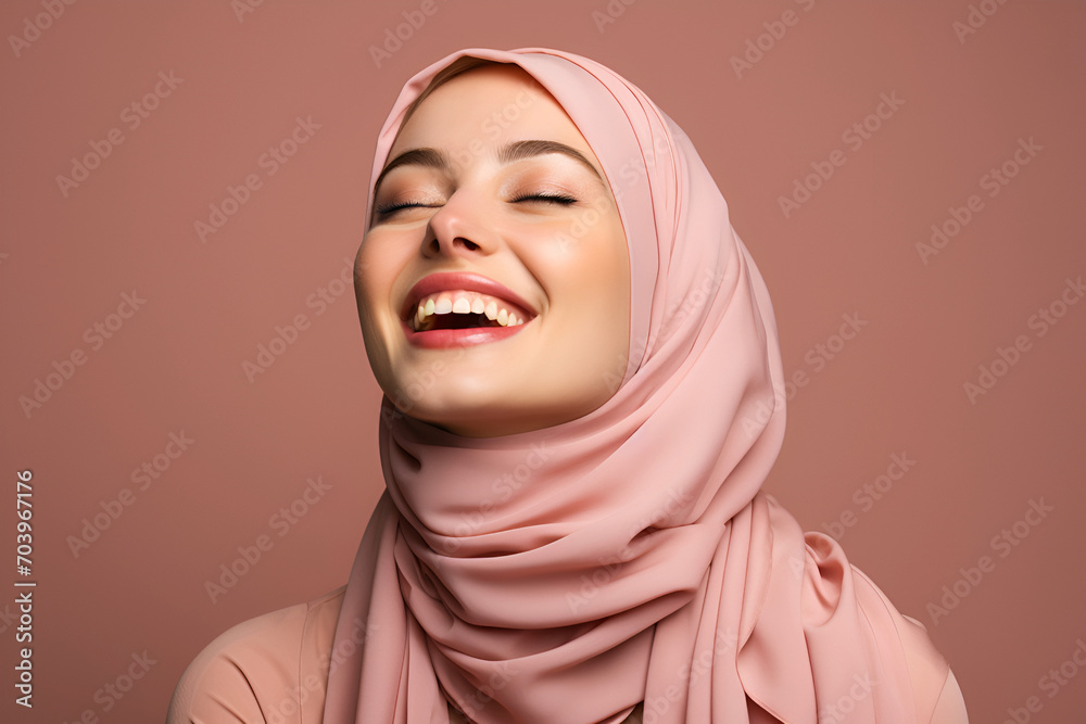 Horizontal shot of positive Muslim woman keeps eyes closed keeps hands ...