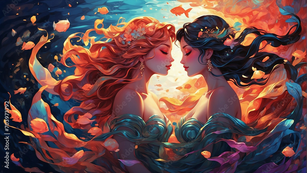 Zodiac sign of Pisces, Acrylic painting of a beautiful mermaid girl ...