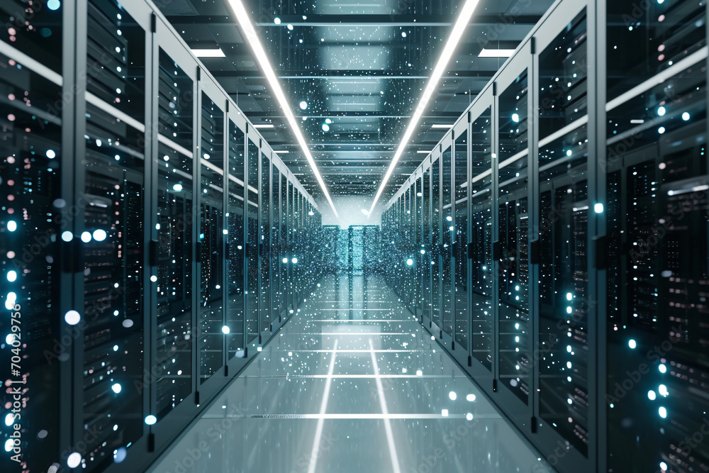 Server room with rows of server racks with white lights in a data center. Hosting, supercomputer ...