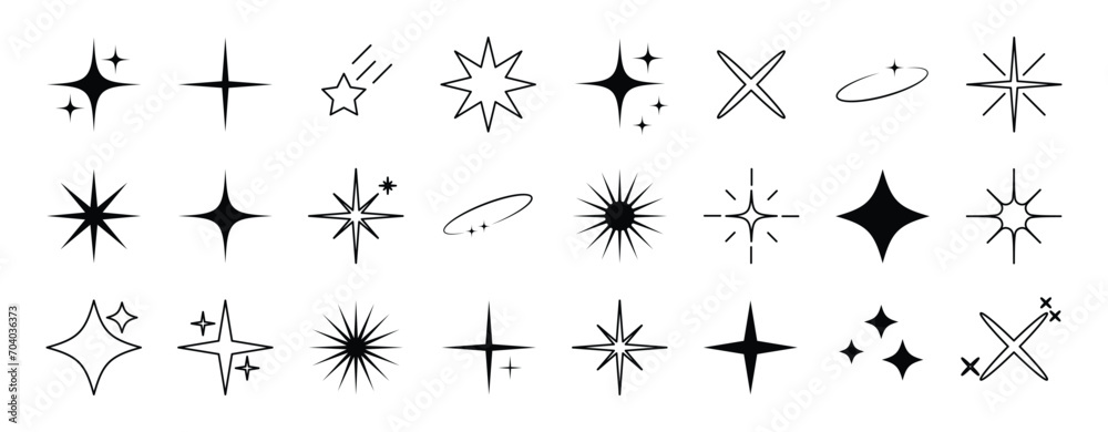 Retro futuristic sparkle icons collection. Set of star shapes. Abstract shine symbols, Y2k ...