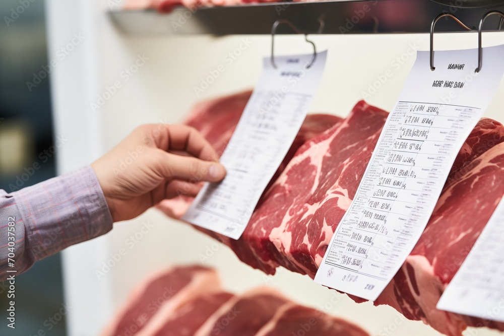 Person's hand holding a price list of different cuts of beef hanging in ...