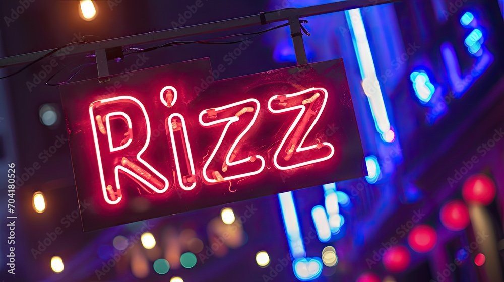 Rizz written in illuminated neon lights sign. Gen Z slang for charisma ...