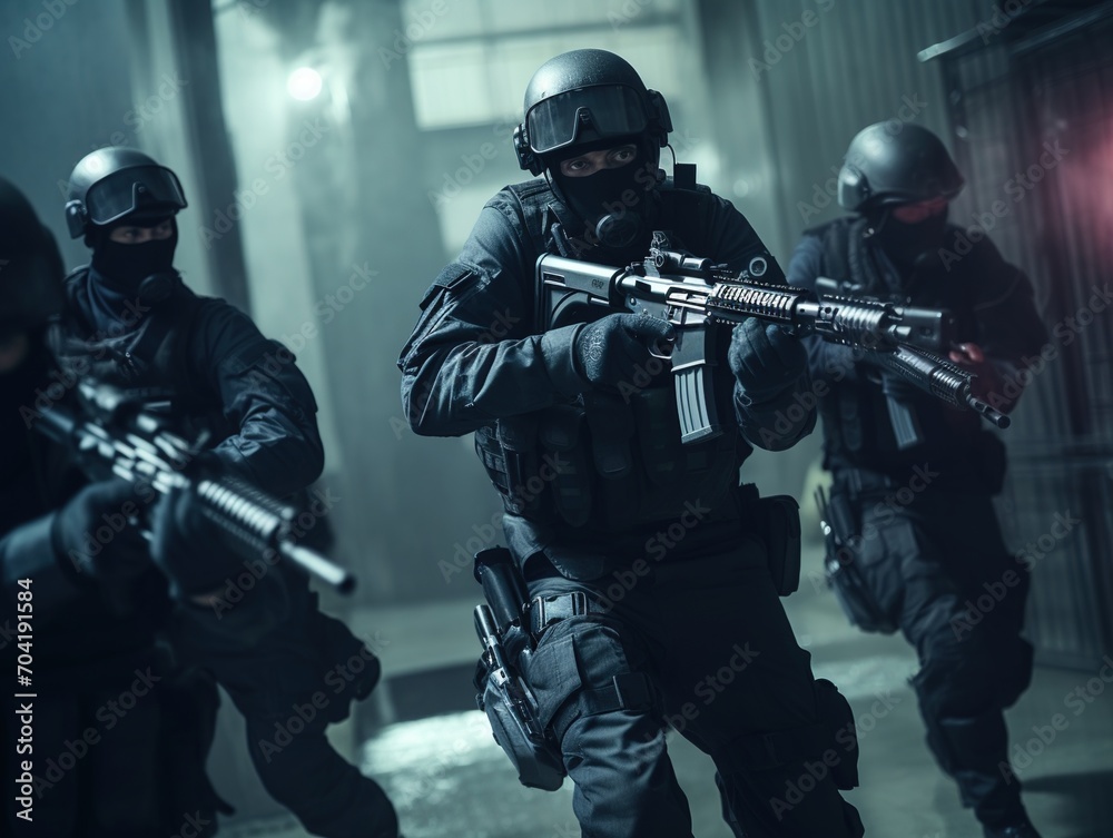 Special forces soldiers in black uniforms and masks armed with assault rifles Stock Illustration ...