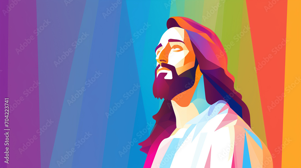 Silhouette of Jesus Christ in rainbow colors. 2d flat graphic design of ...