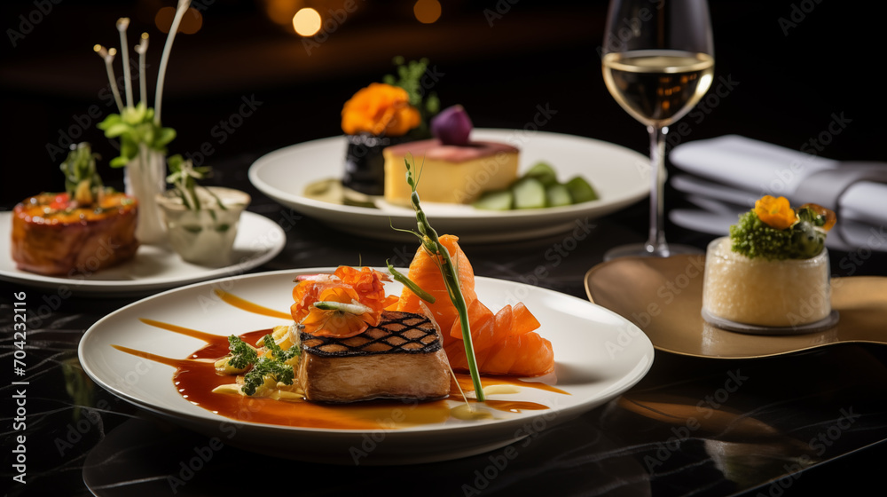 Fancy seafood meals on display on white plates on a black restaurant ...