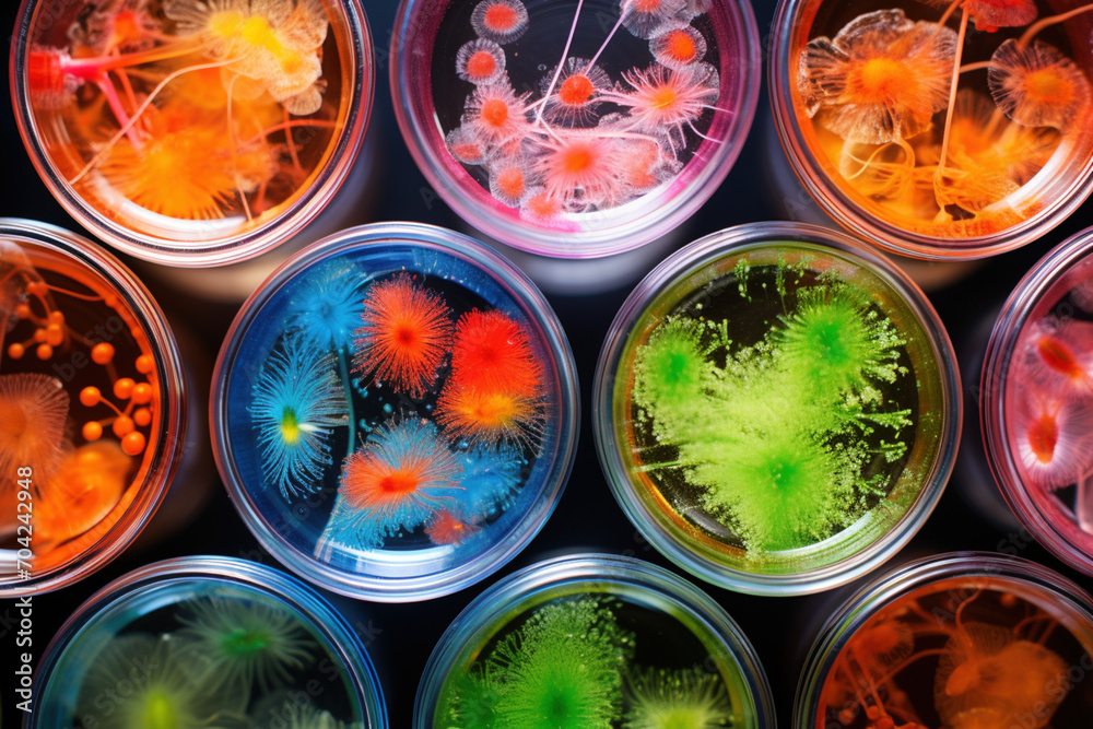 Bacterias top view of variety of microorganism in blood petri dish ...