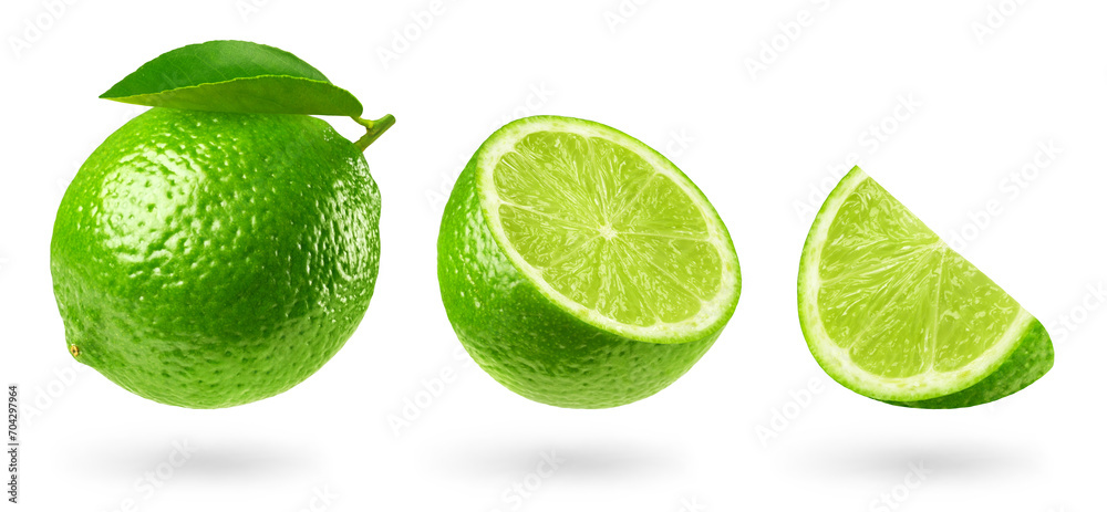 Lime isolated set. Collection of ripe lime, half and piece of lime on a ...