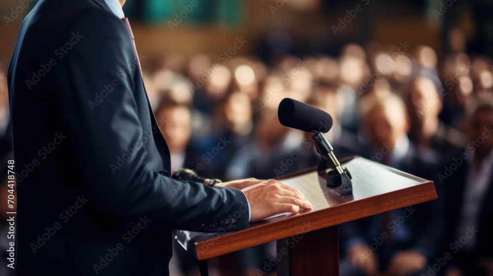 Side view of a man in a business suit or speaker at a conference and ...