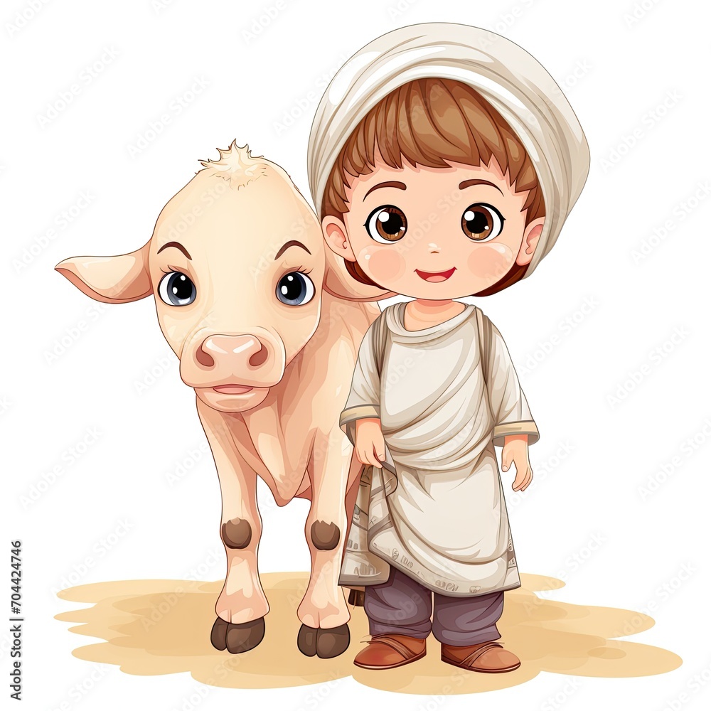 Eid adha mubarak. Muslim boy, cow, goat, camel cartoon on white ...