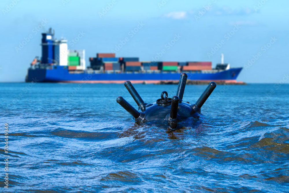 Photo Stock Underwater mine in sea. Cargo ship in ocean. Naval bomb ...