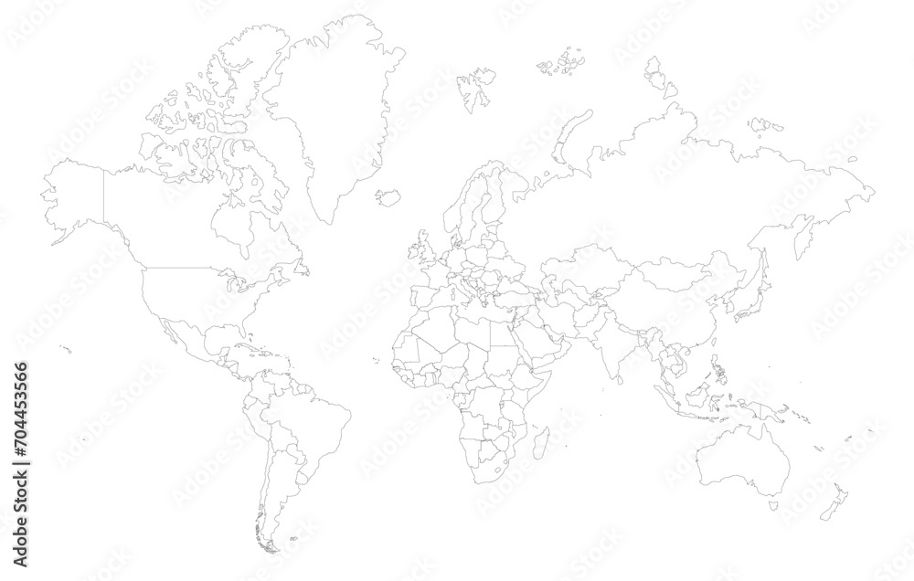 Stylized world map with all countries in linear style. World map with ...