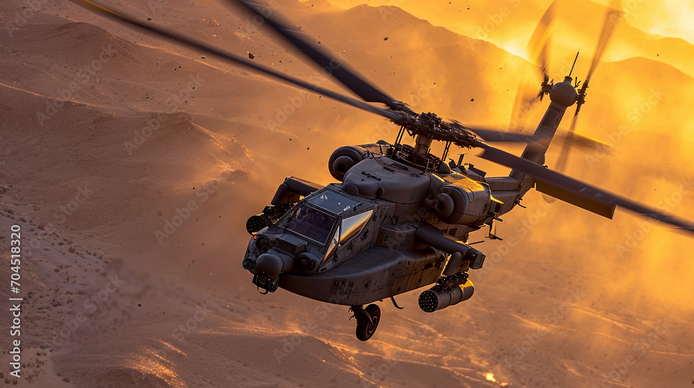 military attack helicopter, AH-64 Apache, hovering in a desert ...