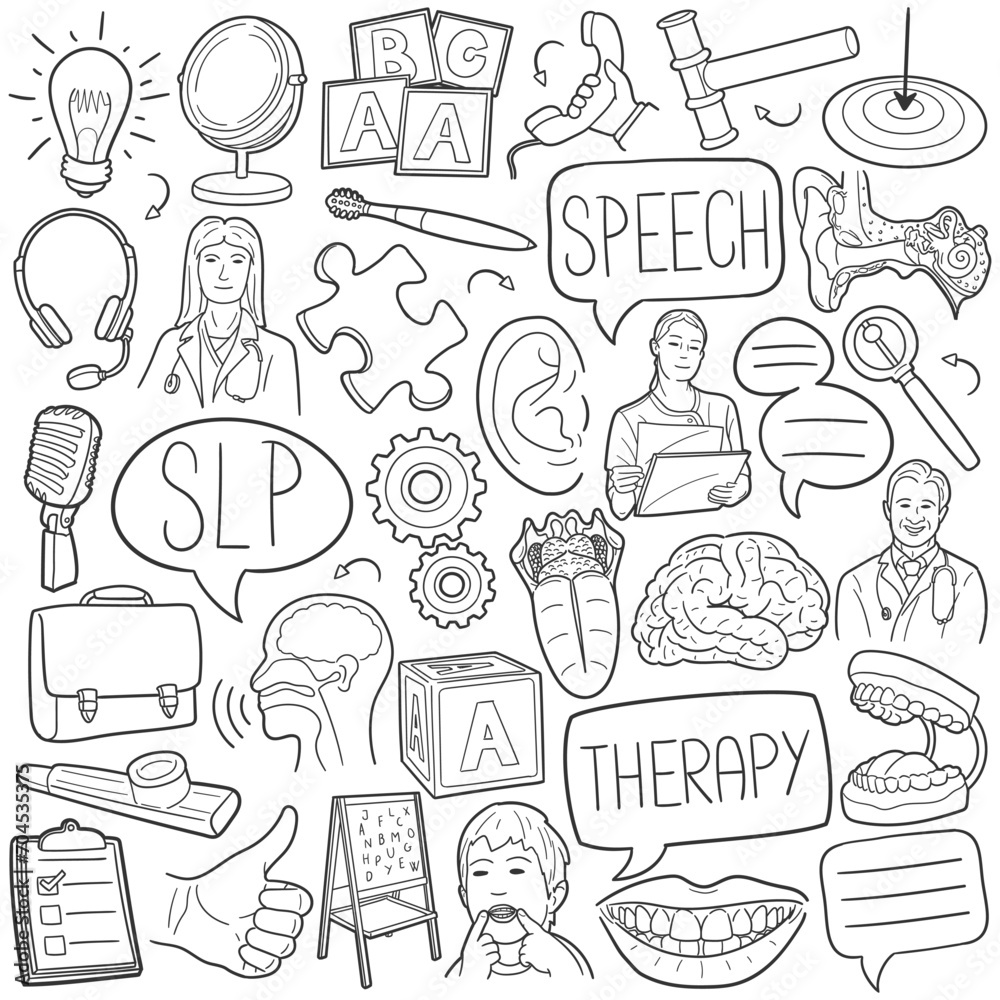 SLP Doodle Icons Black and White Line Art. Speech Language Pathologist ...