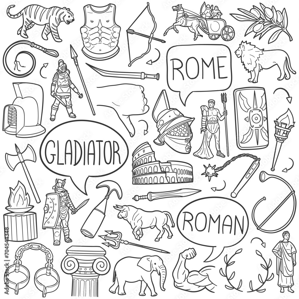 Gladiator Doodle Icons Black and White Line Art. Roman Empire Clipart ...