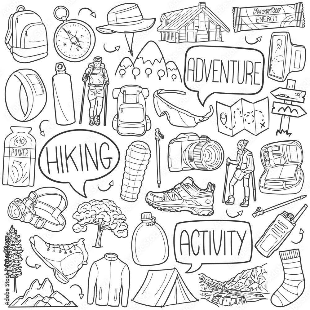 Hiking Doodle Icons Black and White Line Art. Activity Clipart Hand ...
