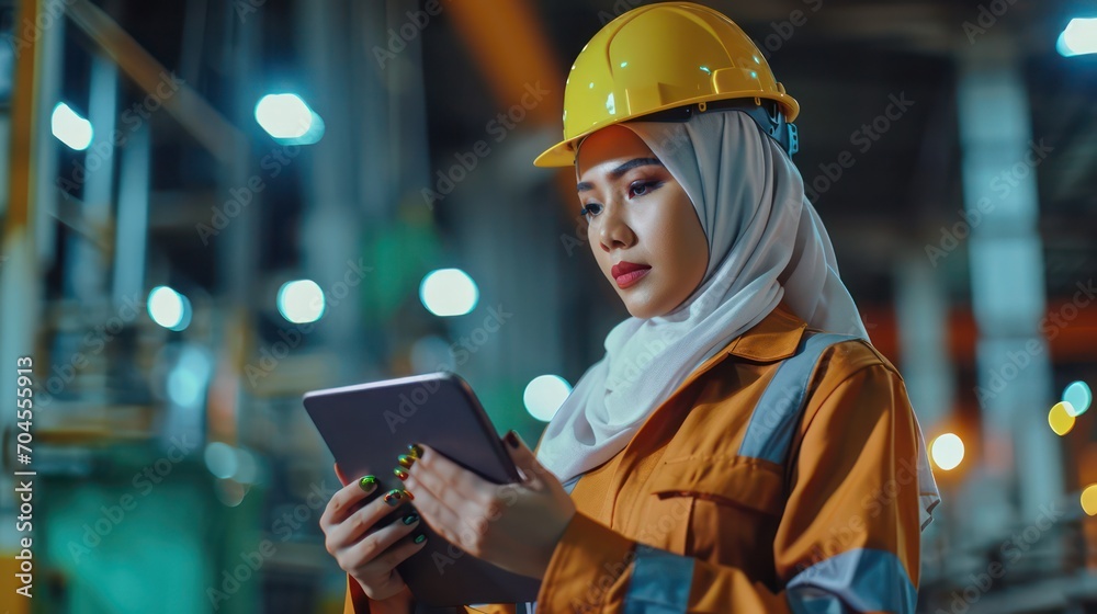 Muslim civil engineer in hijab, uniform, and safety helmet conducts inspection at a factory ...