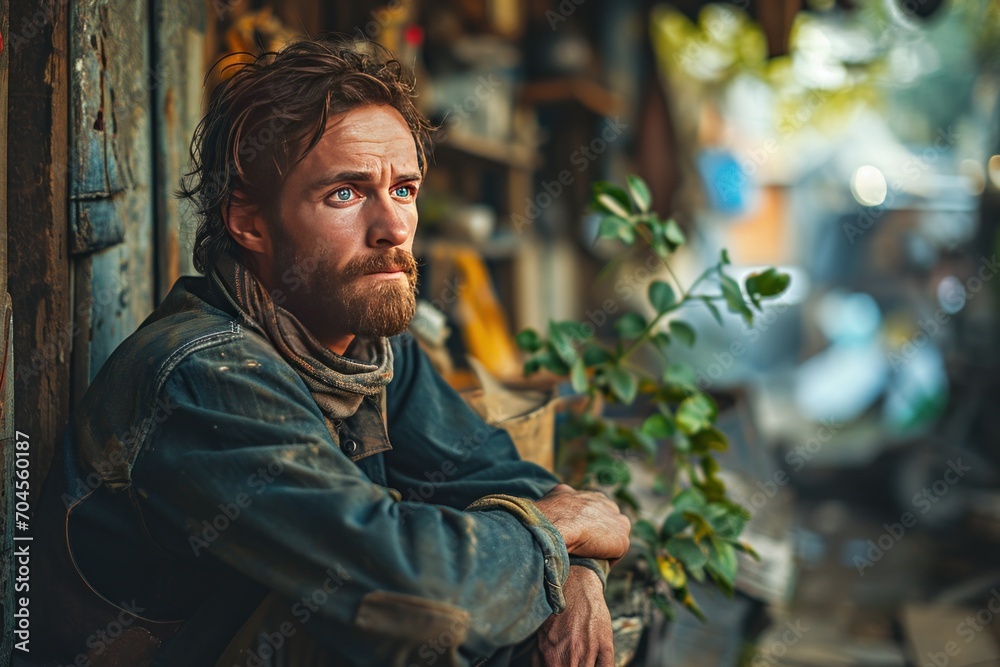 Foto de Stock Miserable and sad, a beggar's life is a stark picture of ...