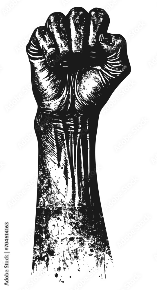 Raised fist vintage ink drawing. Rebel man punch woodcut sketch ...