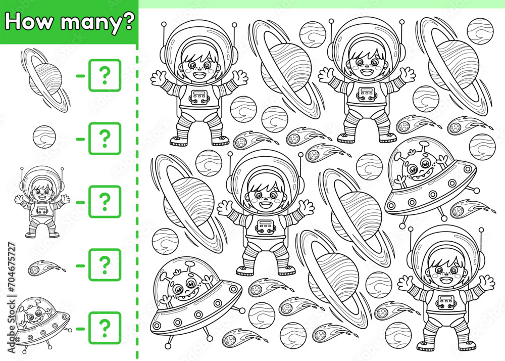 Vector de Stock Counting kids game. Math game. How many space objects ...
