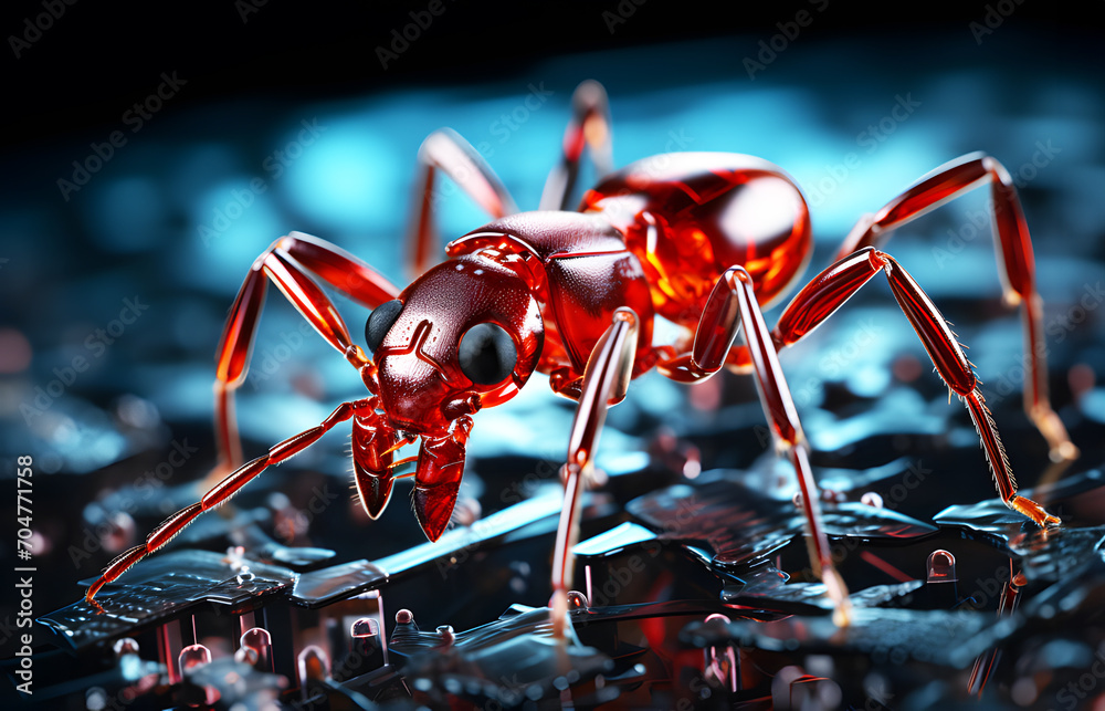 Ant red, holographic of digital ant red on the blue keyboard, display ...