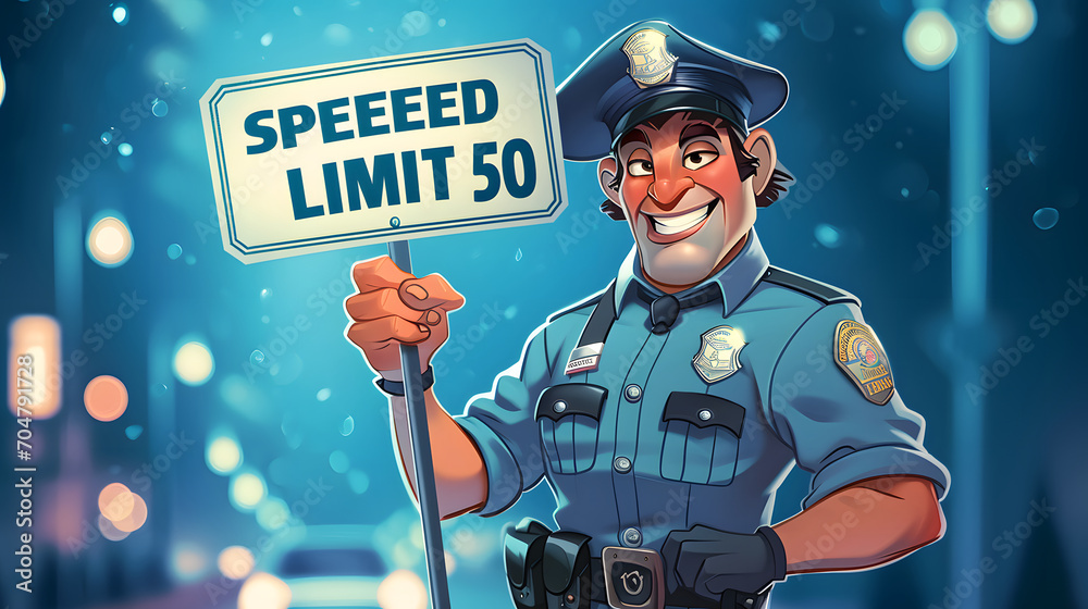 Smiling animated police officer standing next to a 50 speed limit sign ...