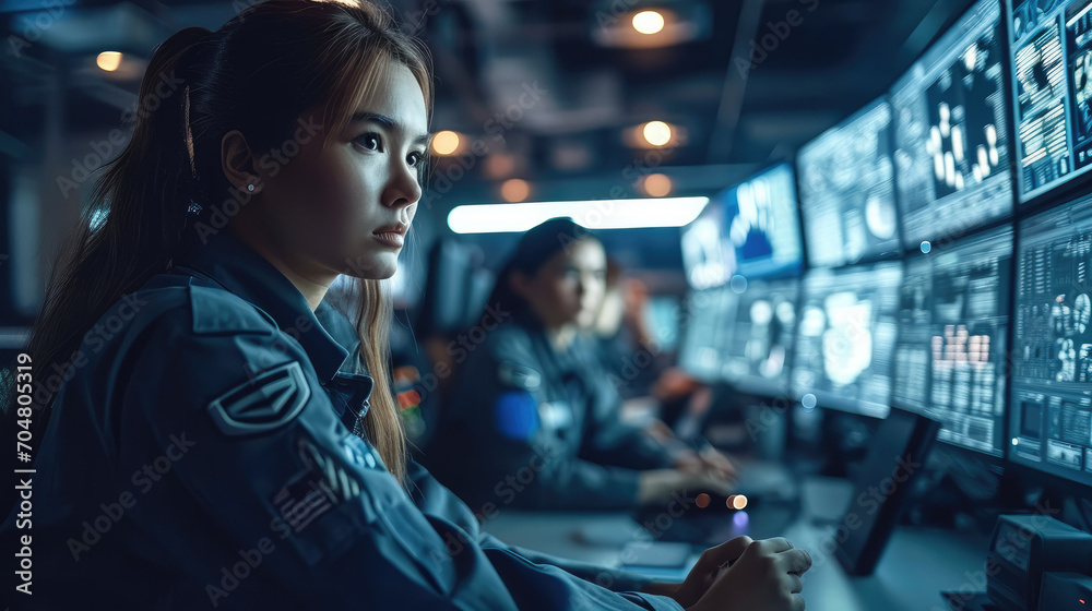 Female and Male Military Officers Working at System Control Center ...