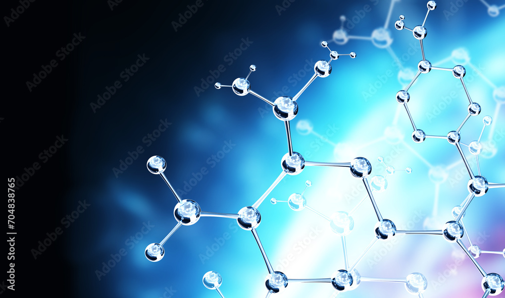 Horizontal Banner With Model Of Abstract Molecular Structure Background Of Blue Color With