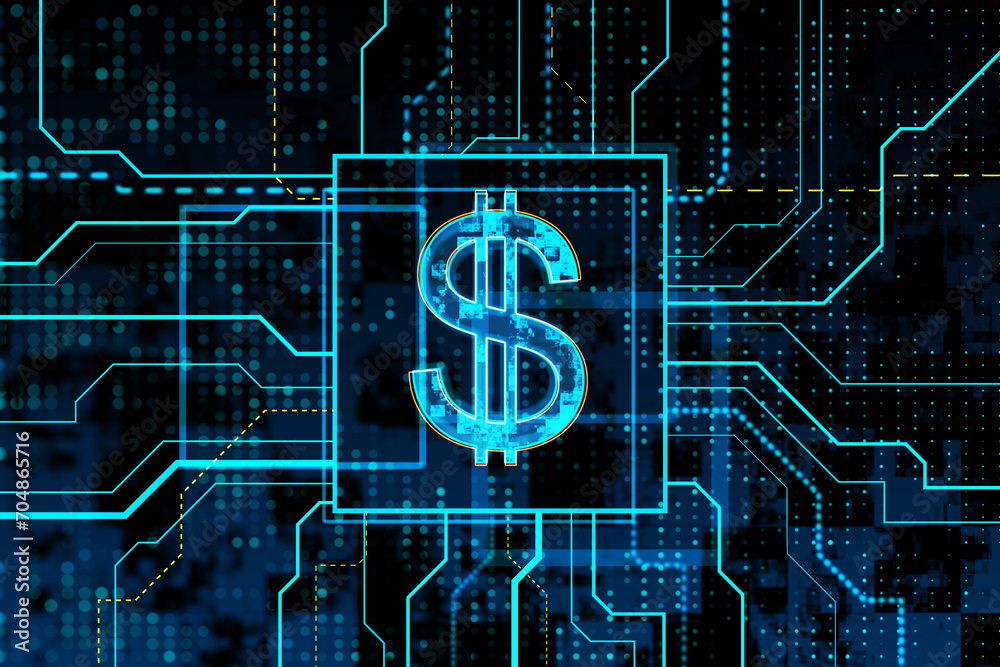 Neon blue dollar sign on circuit board background. Financial technology ...