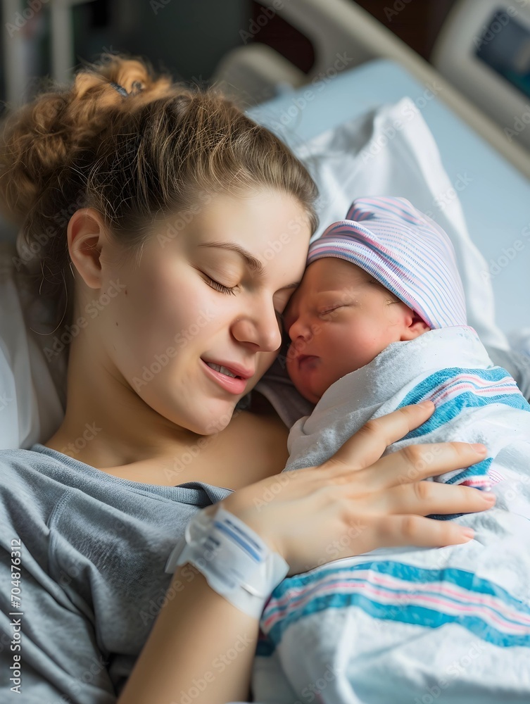 Beautiful young mother holding her newborn in maternity ward after ...