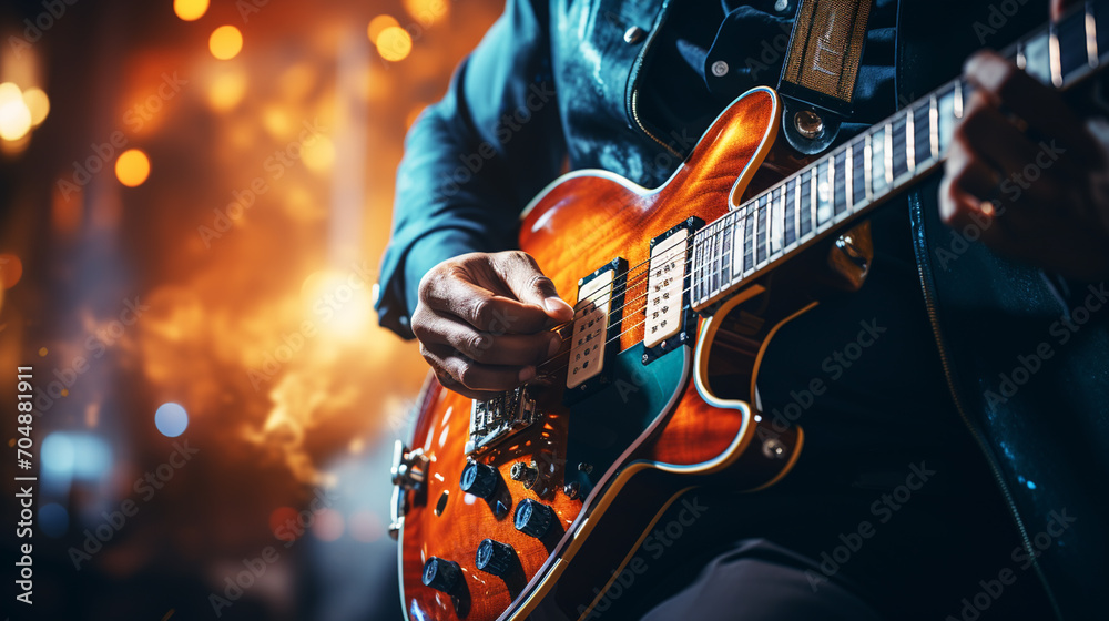 Guitarist on stage and sings at a concert for background, soft and blur ...