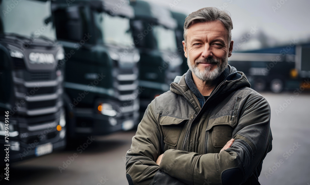 Confident Senior Truck Fleet Owner Standing Proudly in Front of His ...