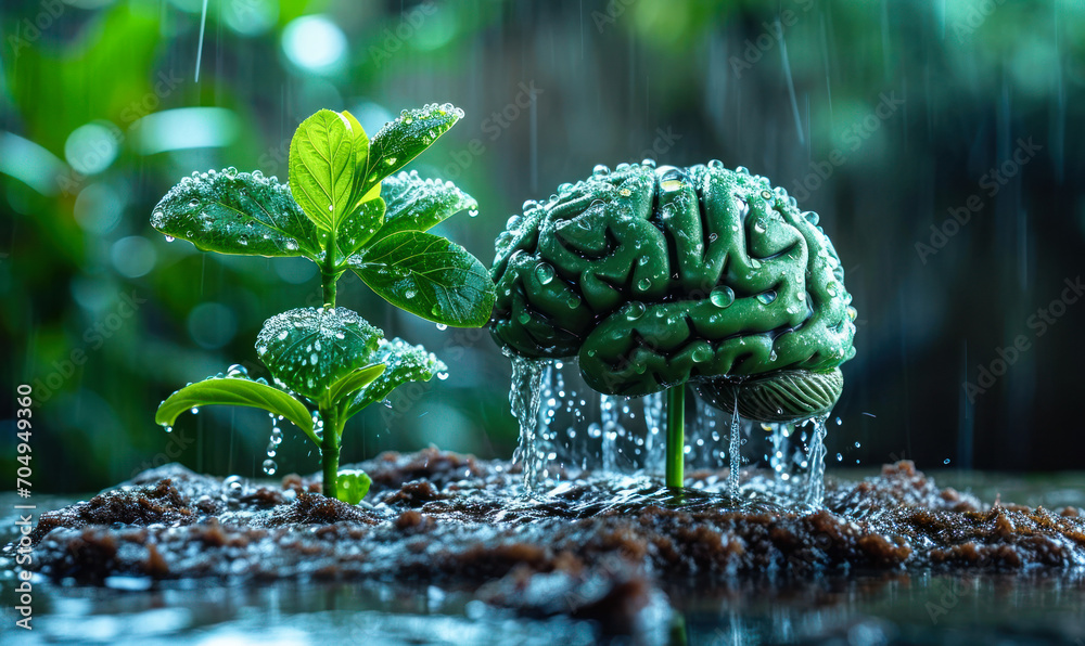 Conceptual image of a brain as a growing plant being watered ...