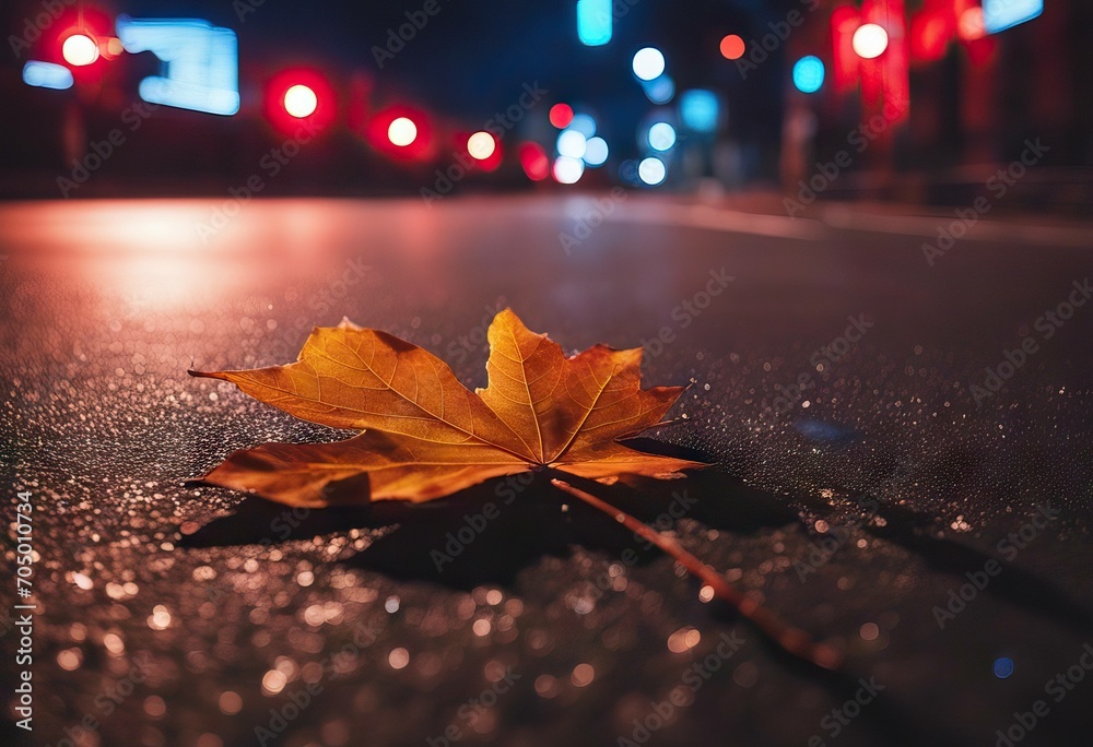 Autumn leaf on the road surface with blue and red police lights in the ...