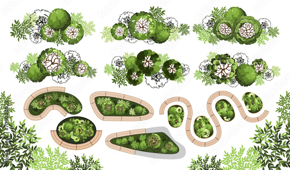 Top view elements for the landscape design plan. Trees and benches for architectural floor plans ...