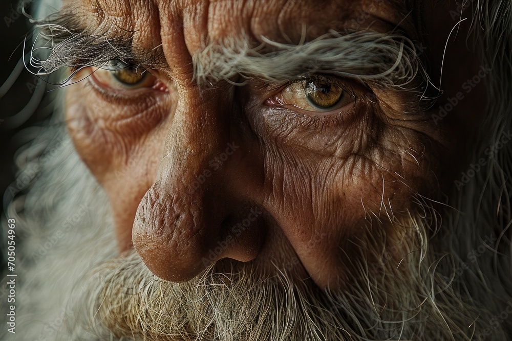 A weathered face, adorned with wrinkles and lines, tells the story of a ...