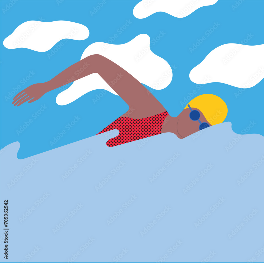 swimmer athlete cartoon swimming with a blue sky background with clouds ...