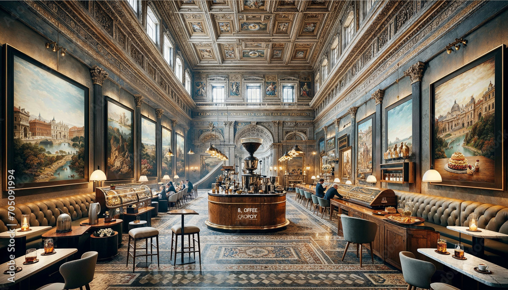 An elegant café in Rome, with a coffee roastery, combining traditional ...